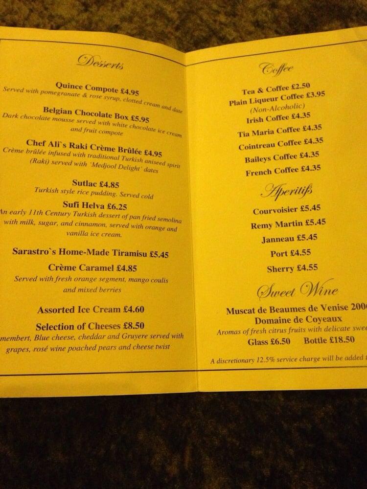 Menu at Sarastro restaurant, London