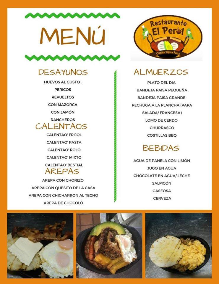 Menu at El Perol restaurant, Chía