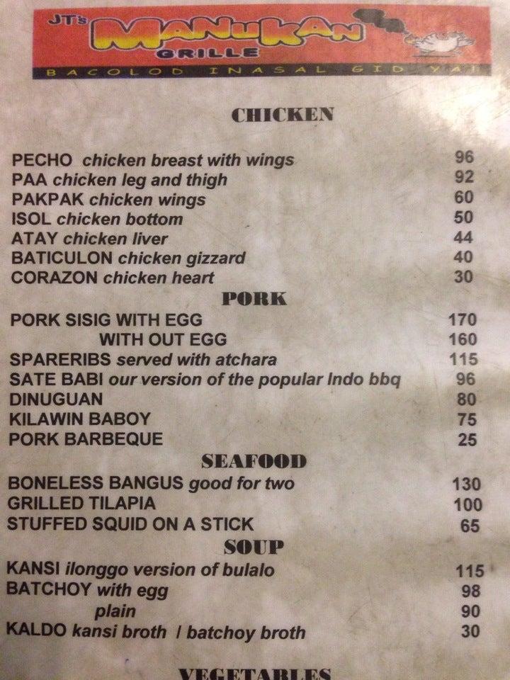 Menu at JT's Manukan Grille restaurant, Quezon City, 4 Granada