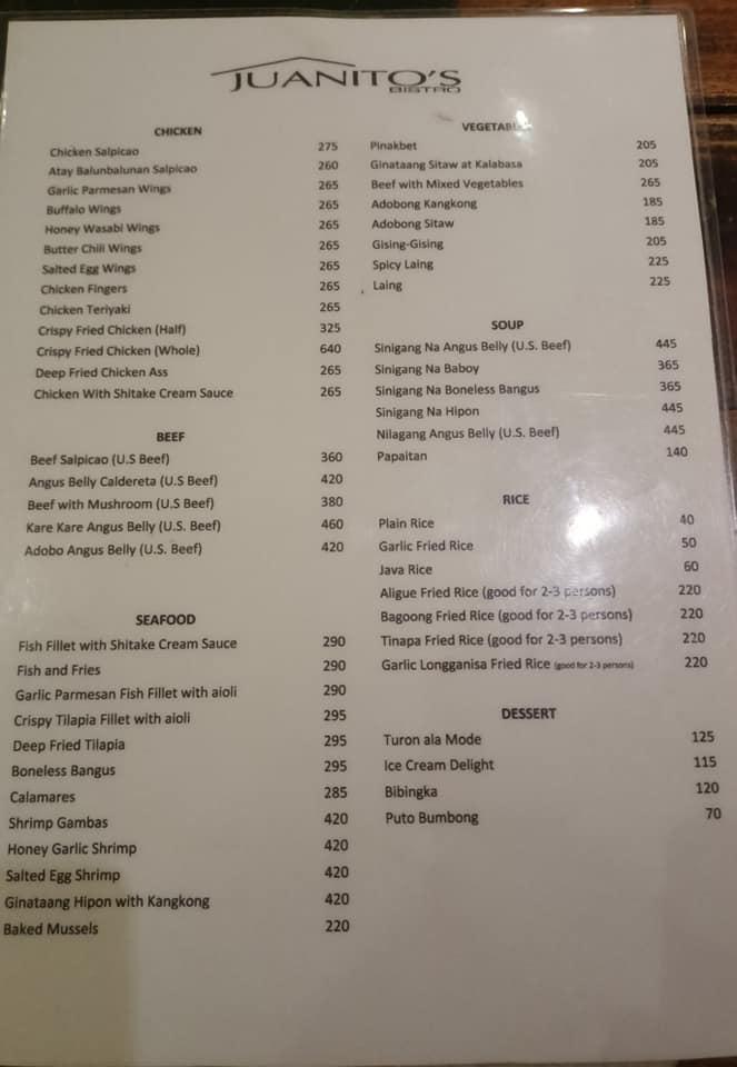 Menu at Juanito's Bistro restaurant, Pasig