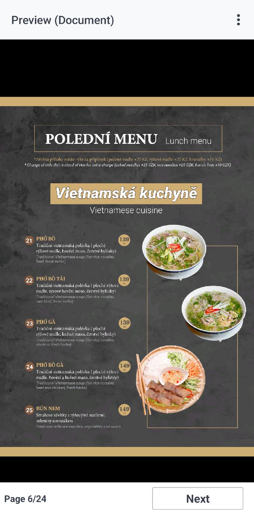Menu at My restaurant, Benešov