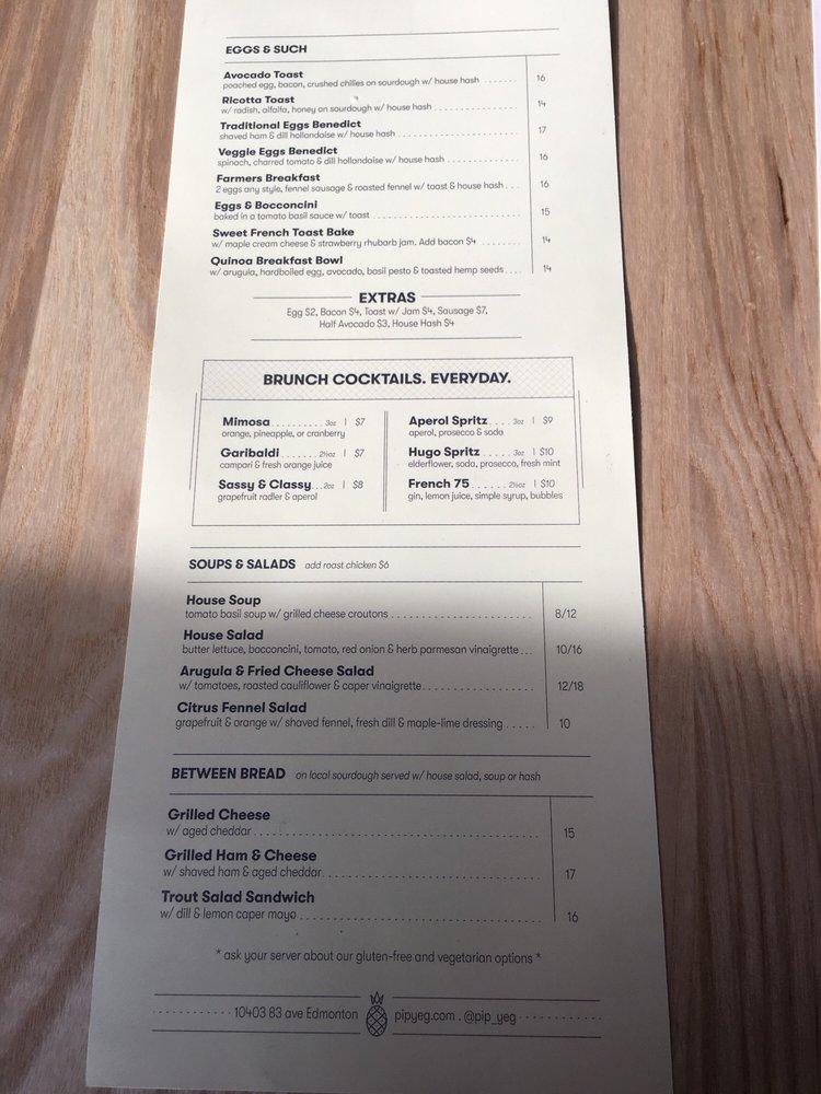 Menu at Pip pub & bar, Edmonton