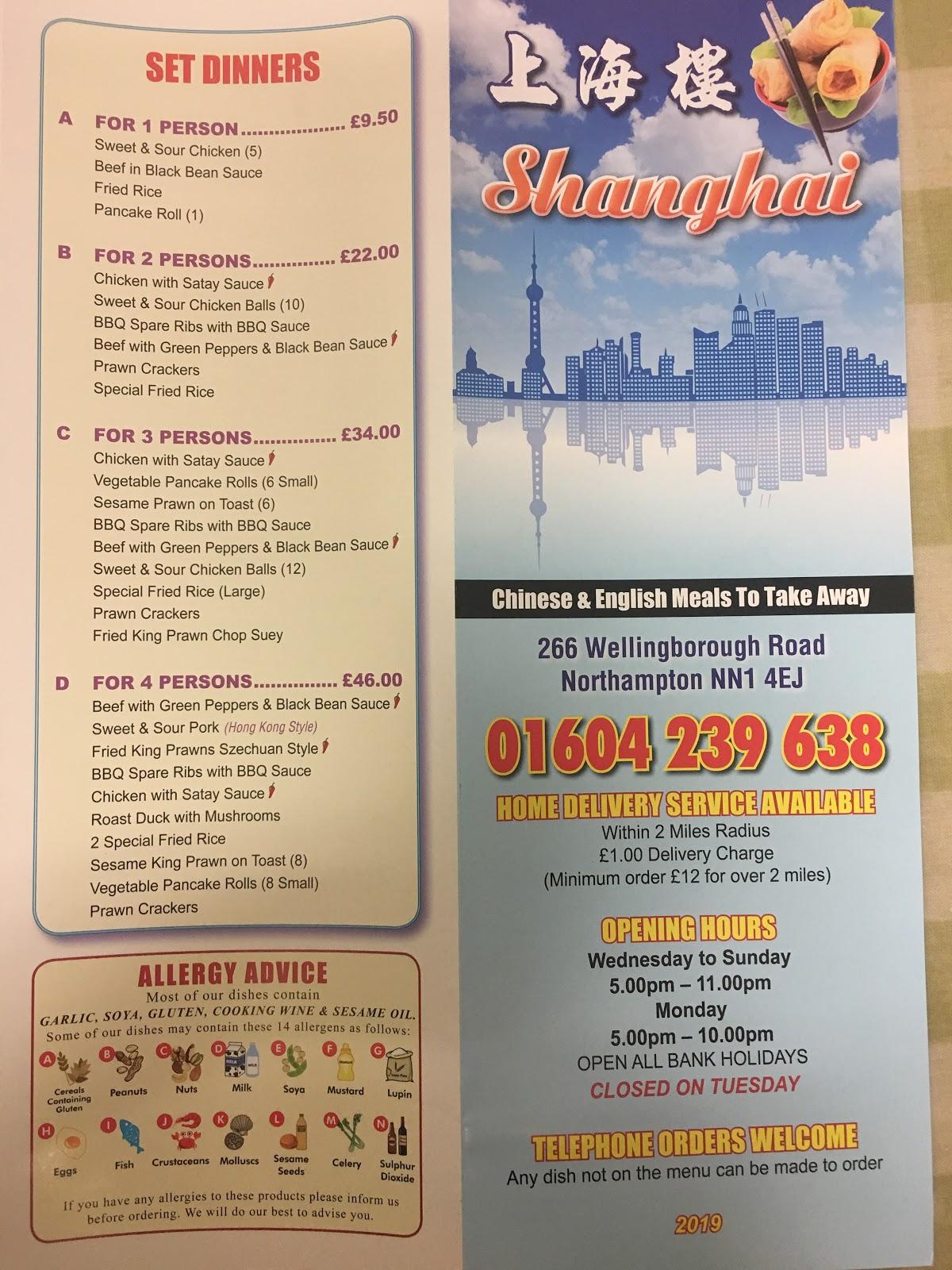 Menu at Shanhai House restaurant, Northampton