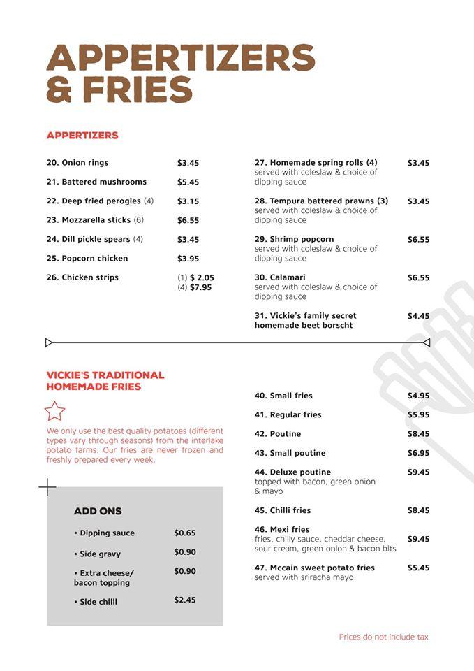 Menu at Vickie's Snack Bar, Beausejour