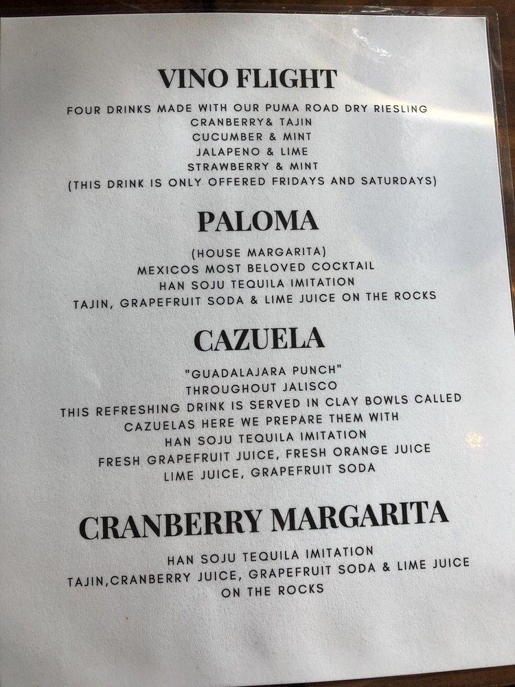 Menu at Villa Azteca restaurant, Salinas