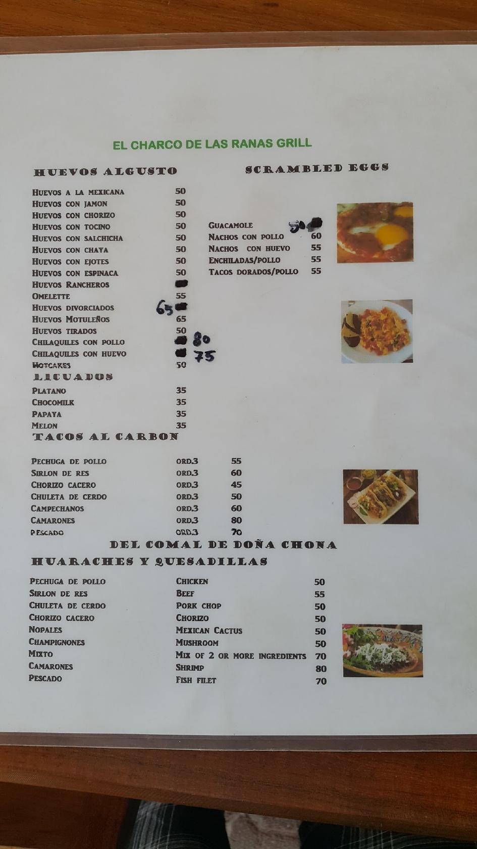 Menu at el charco de las ranas grill, Playa del Carmen