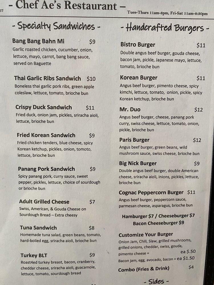 Menu at Chef Ae's restaurant, Spartanburg