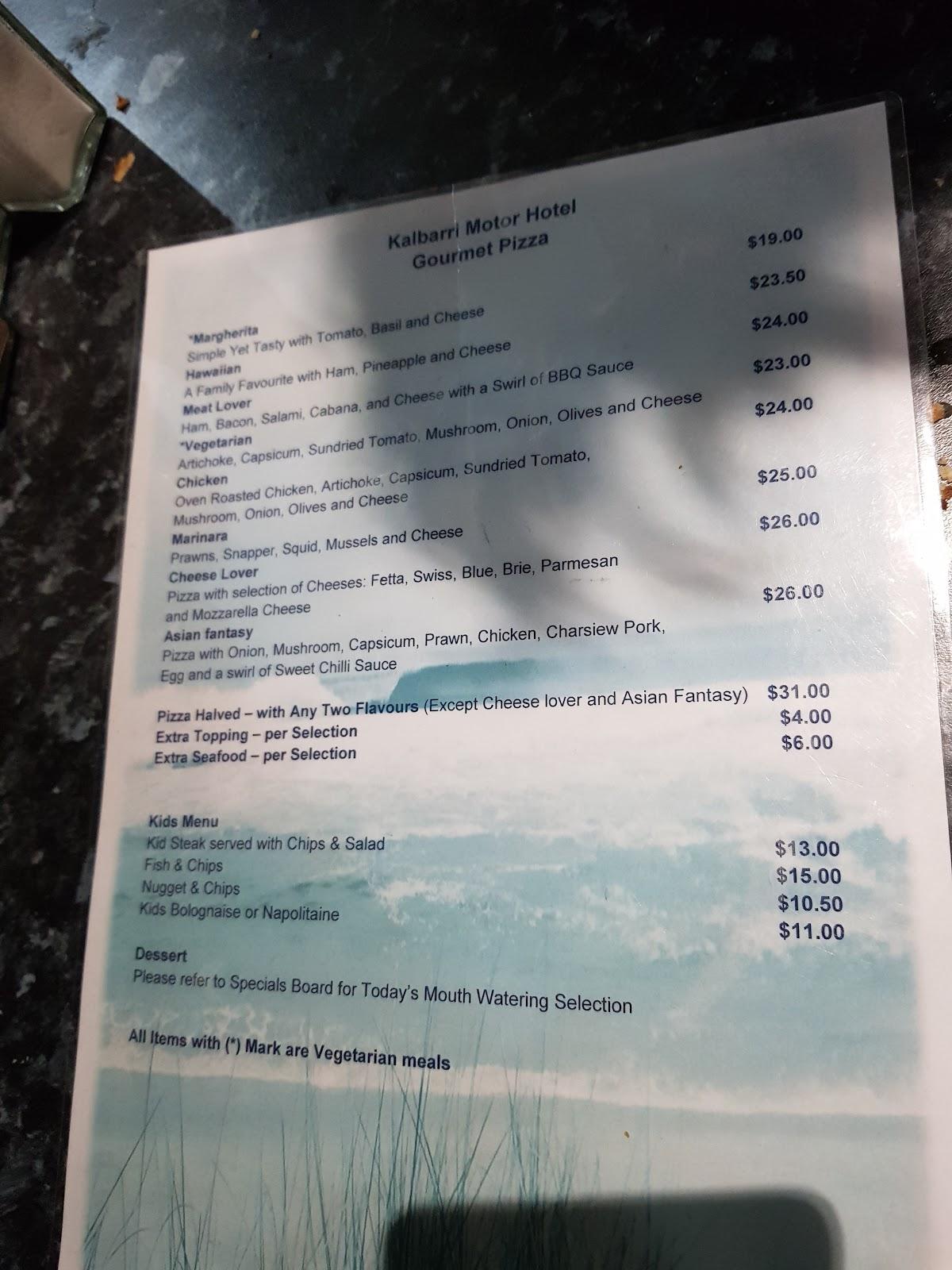 Menu at Kalbarri Motor Hotel, Kalbarri