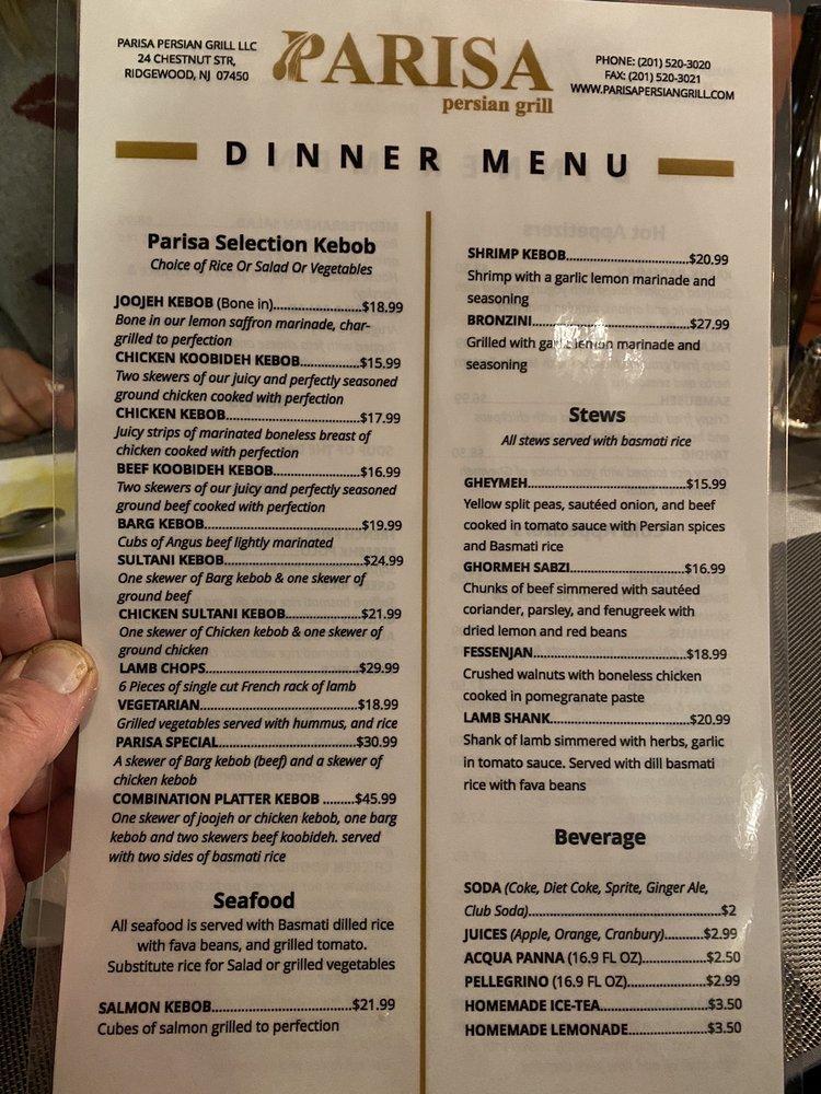 Menu at Parisa Persian Grill restaurant, Ridgewood