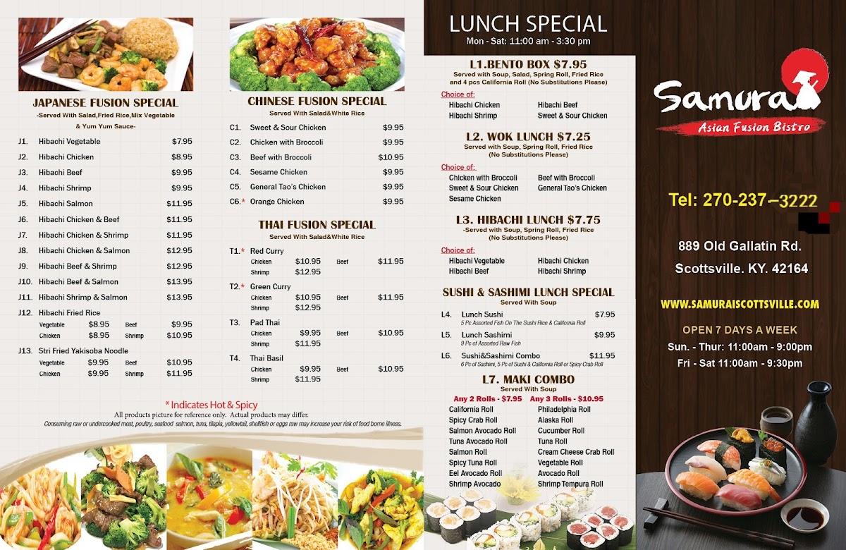 Menu at Samurai Asian Fusion Bistro restaurant, Scottsville