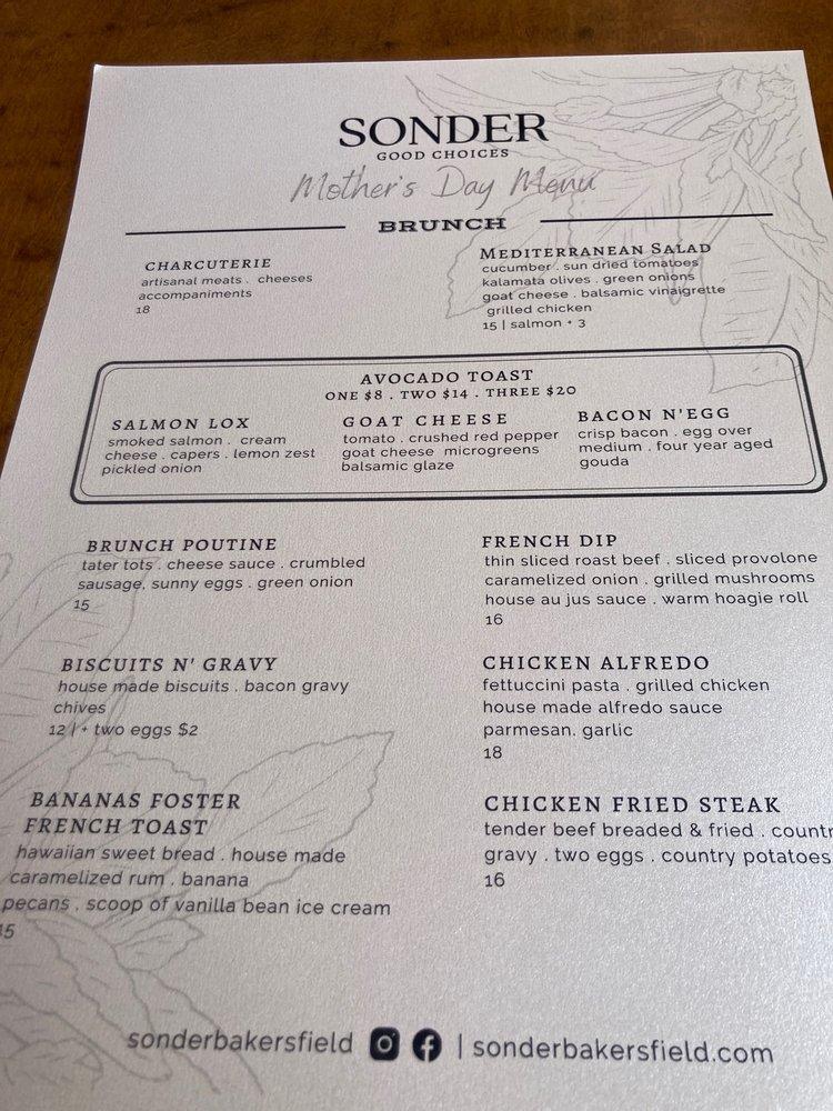 Menu at Sonder steakhouse, Bakersfield