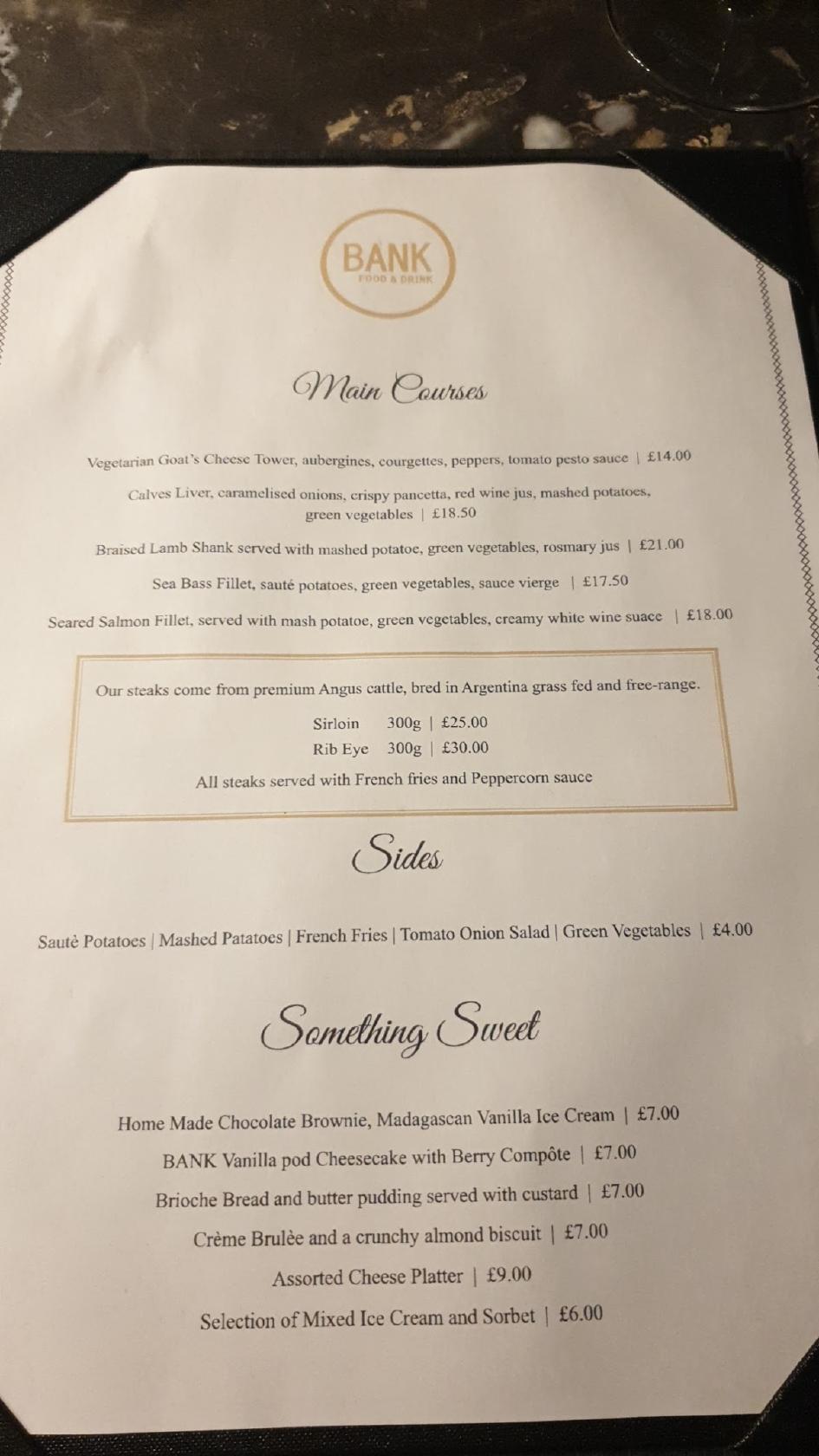 Menu at Bank Food & Drink restaurant, London