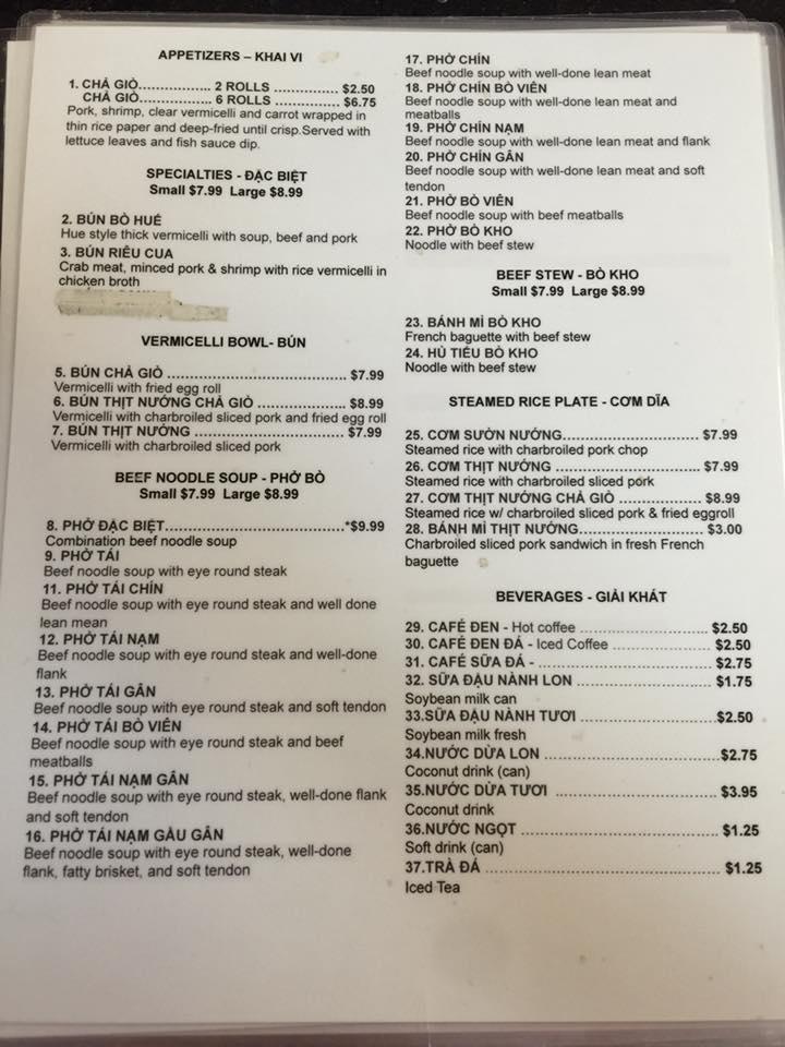 Carta del restaurante Bun Viet Son, Houston, Synott Rd