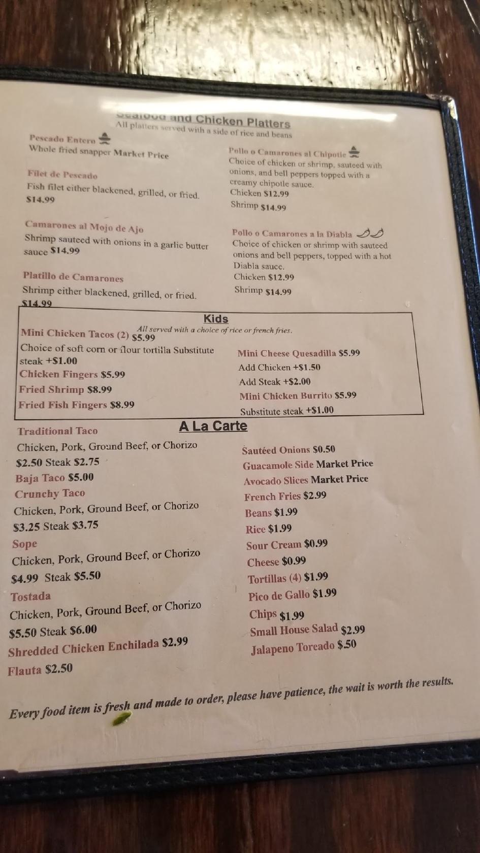 Carta del restaurante El Rincón De Jalisco, Homestead