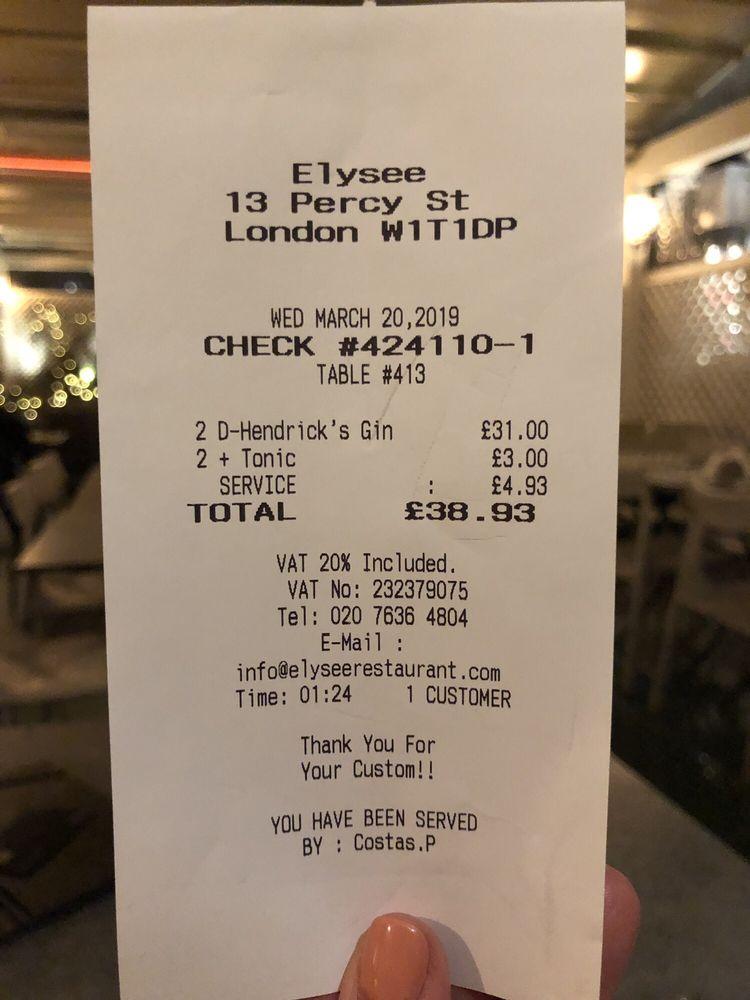 Menu at Elysee restaurant, London