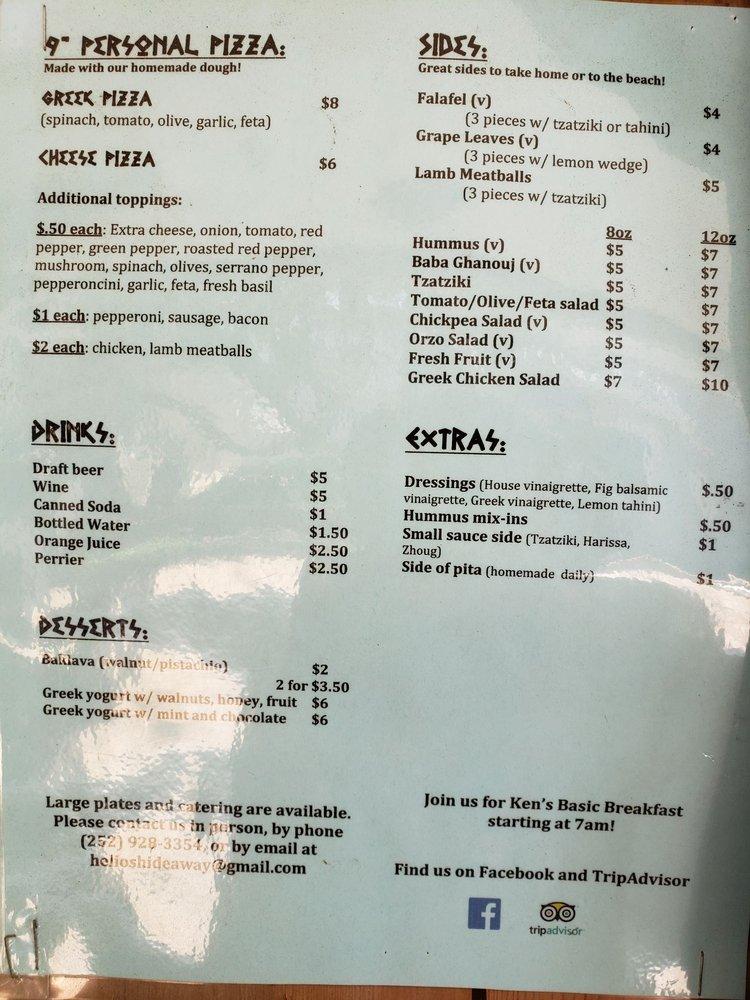 Menu at Helios' Hideaway restaurant, Ocracoke