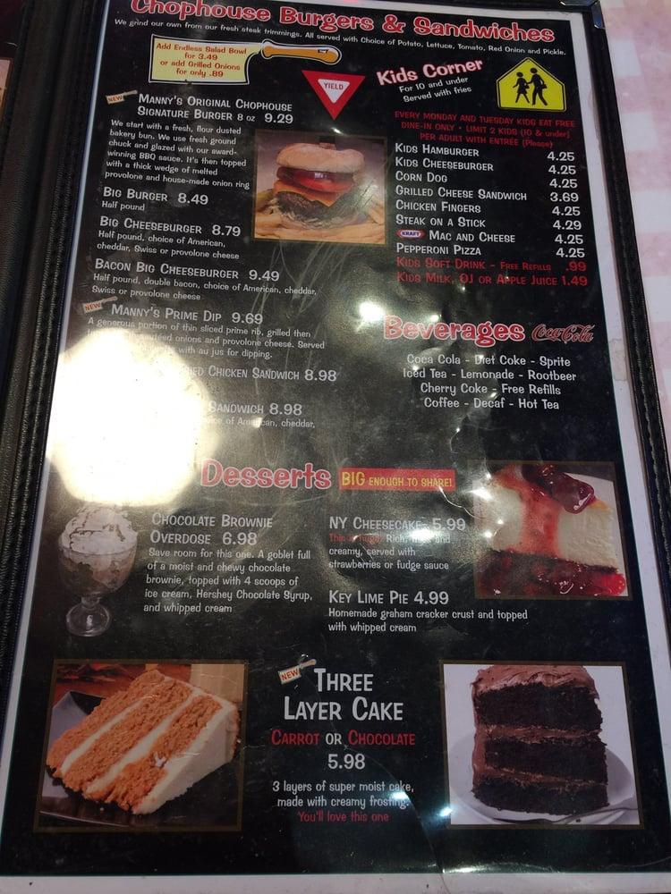 Menu at Manny's Original Chophouse steakhouse, Bay Lake