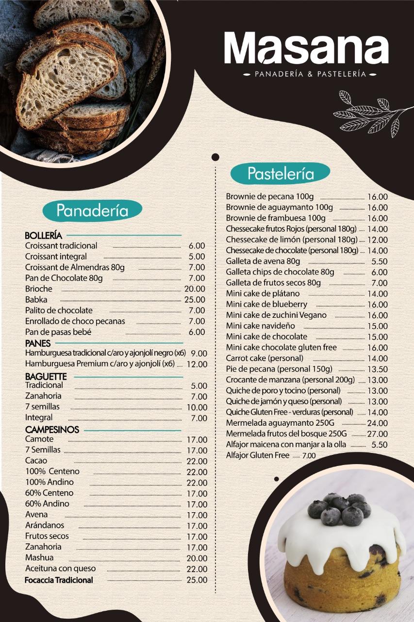 Menu at Masana Cafetería artesanal, Miraflores