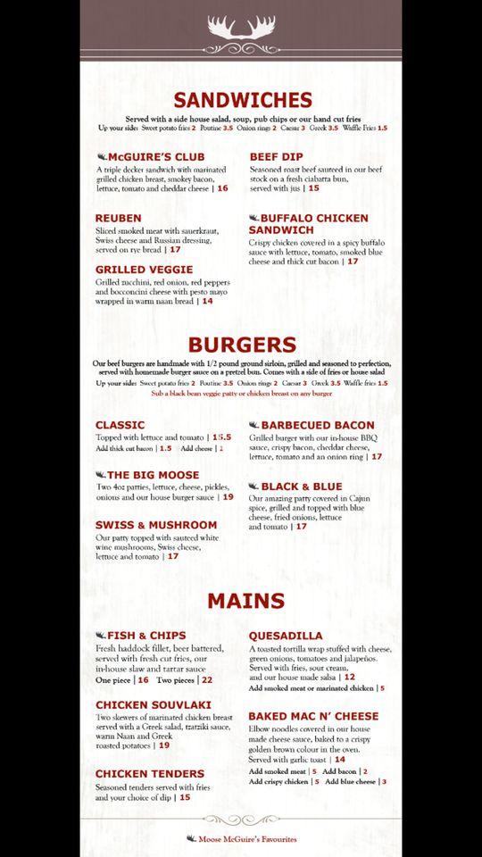 Menu at Moose McGuire's Brockville pub & bar, Brockville