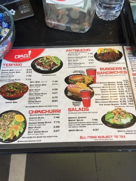 Menu at OMGrill fast food, Los Angeles