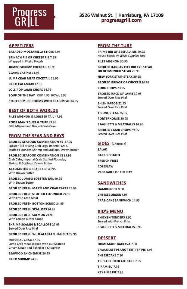 Menu at Progress Grill steakhouse, Harrisburg