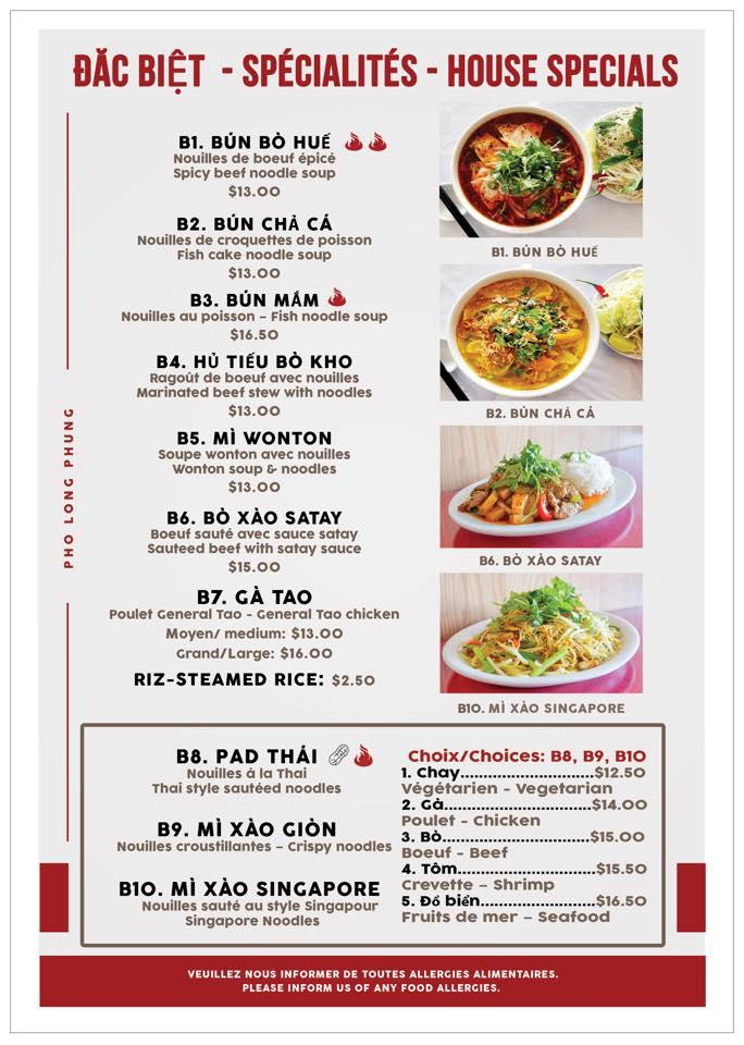 Carta del restaurante Phở Long Phụng, Montréal