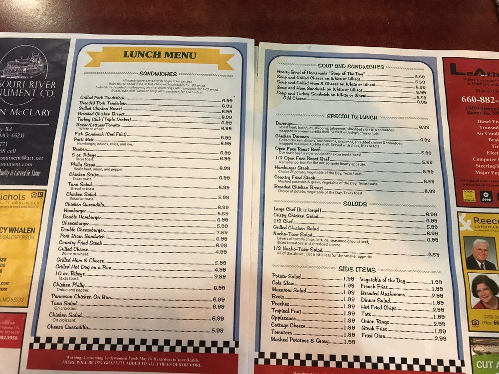 Menu at The 87 Diner restaurant, Boonville