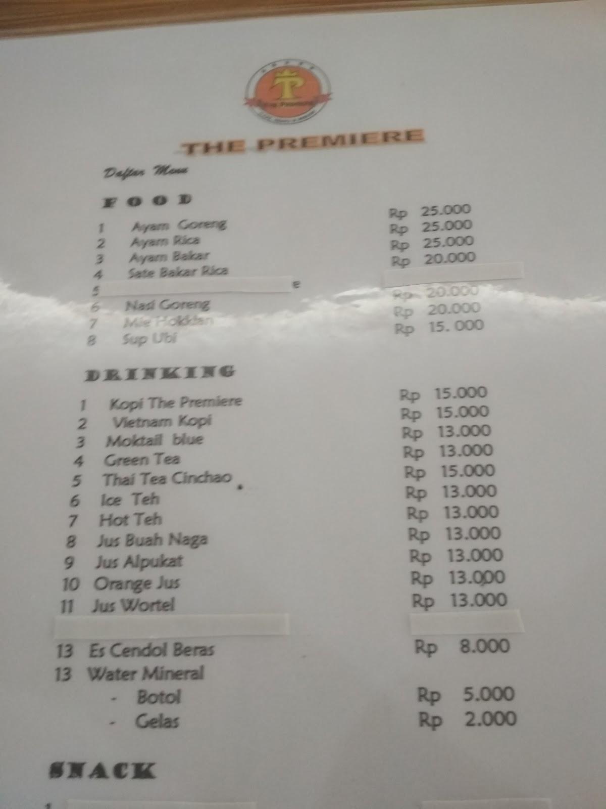 Menu at The Premiere cafe, Empoang