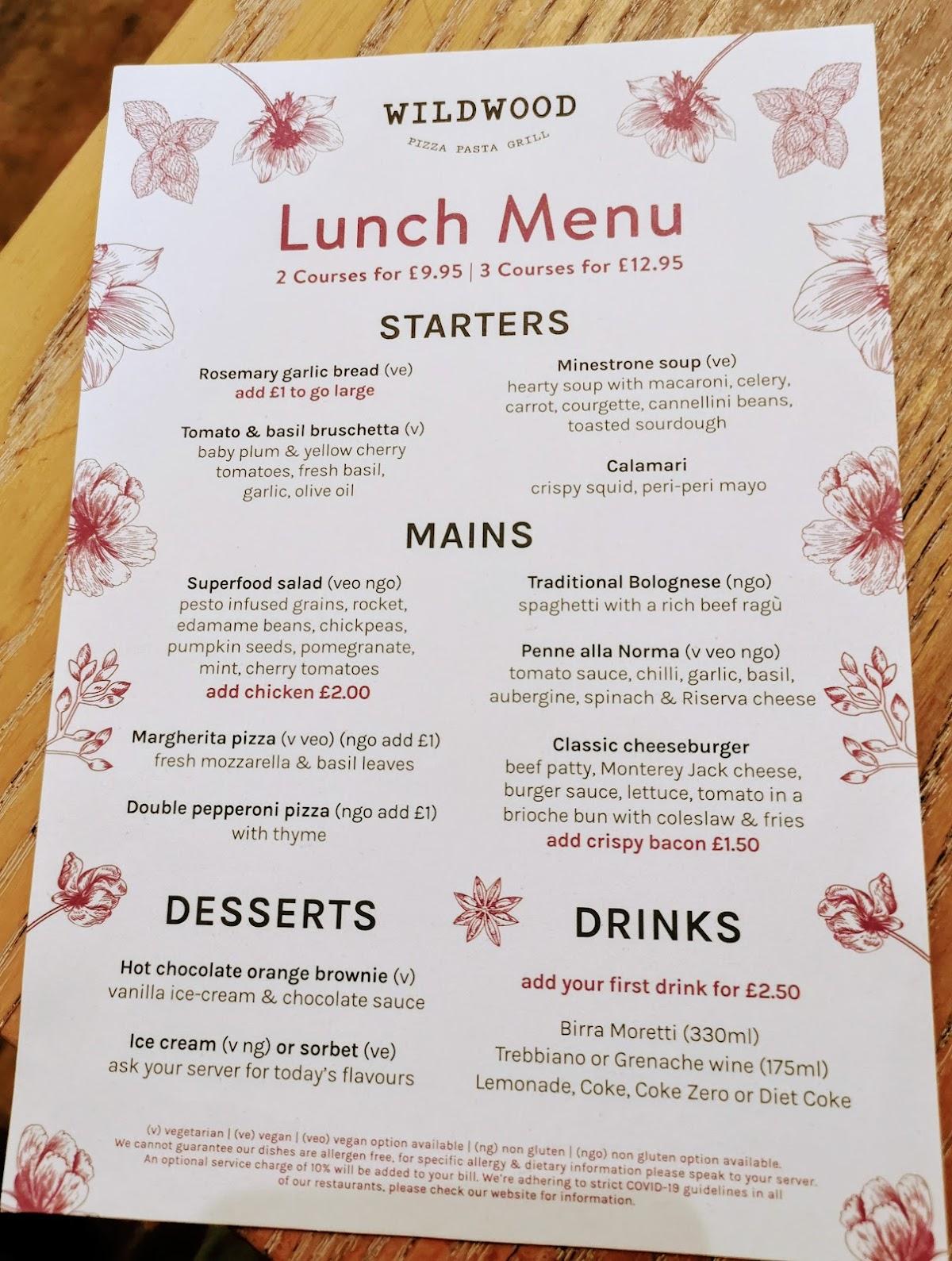 Menu at Wildwood pizzeria, London, 184 Shaftesbury Ave