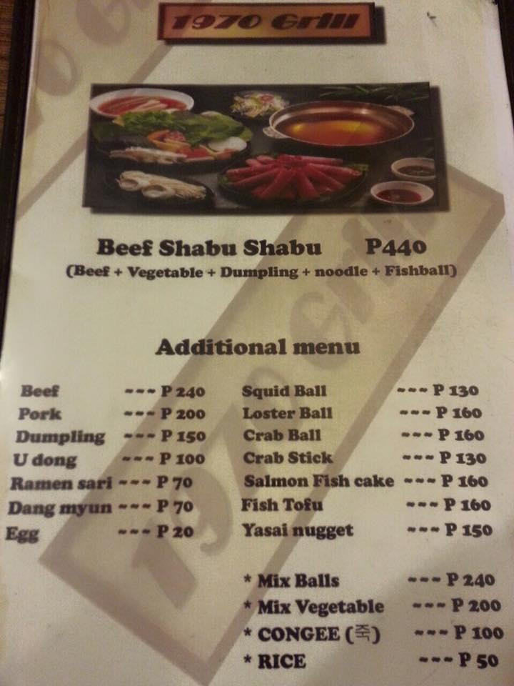 Menu at 1970 Grill Yakiniku and Shabu Shabu restaurant, Angeles