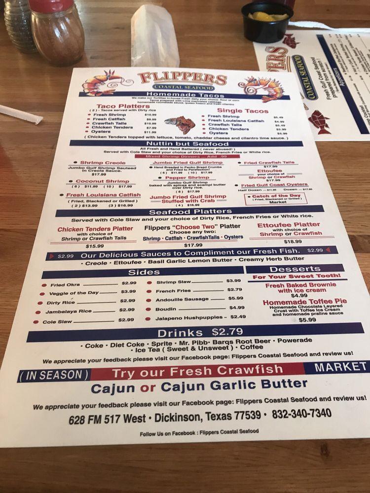 Menu at Flippers Coastal Seafood restaurant, Dickinson