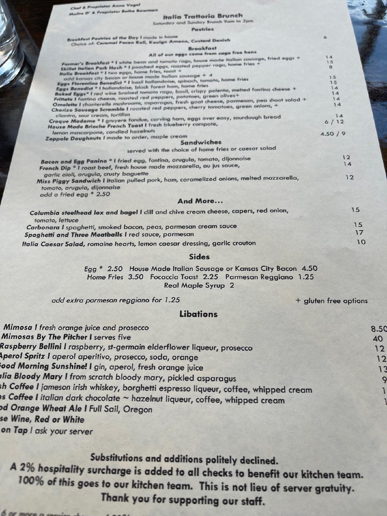 Menu at Italia Trattoria pub & bar, Spokane
