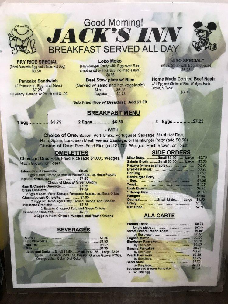 Menu at Jack's Inn restaurant, Kahului