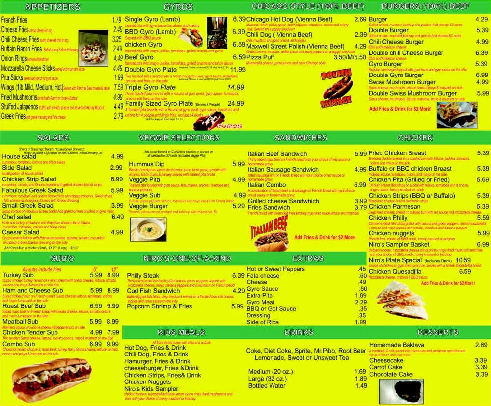 Menu at Niros Gyros restaurant, Knoxville, Cumberland Ave