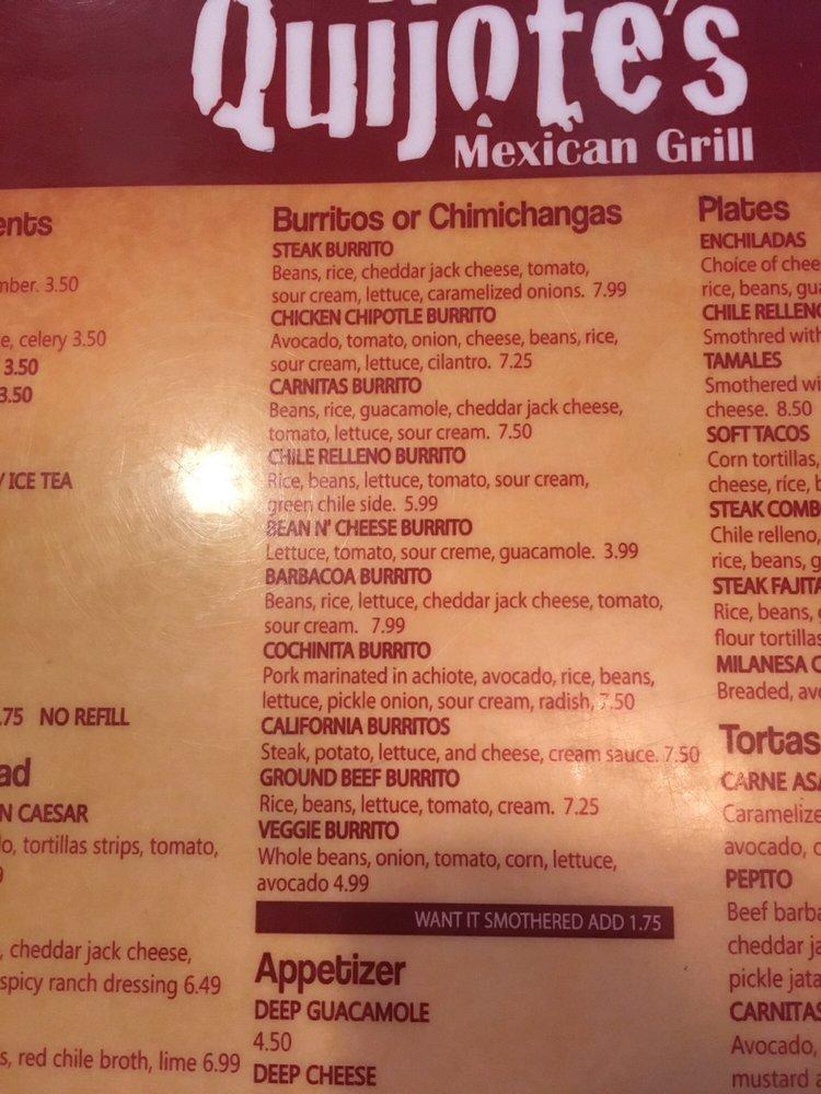 Menu at Quijotes Mexican Grill restaurant, Colorado Springs