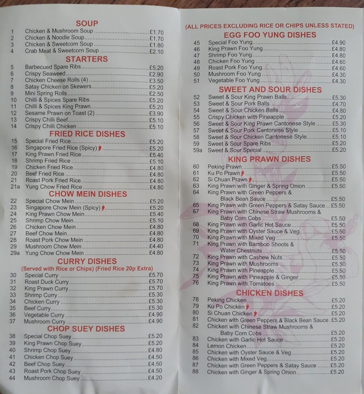 Menu at Red Sun Cantonese Take Away fast food, Llansamlet