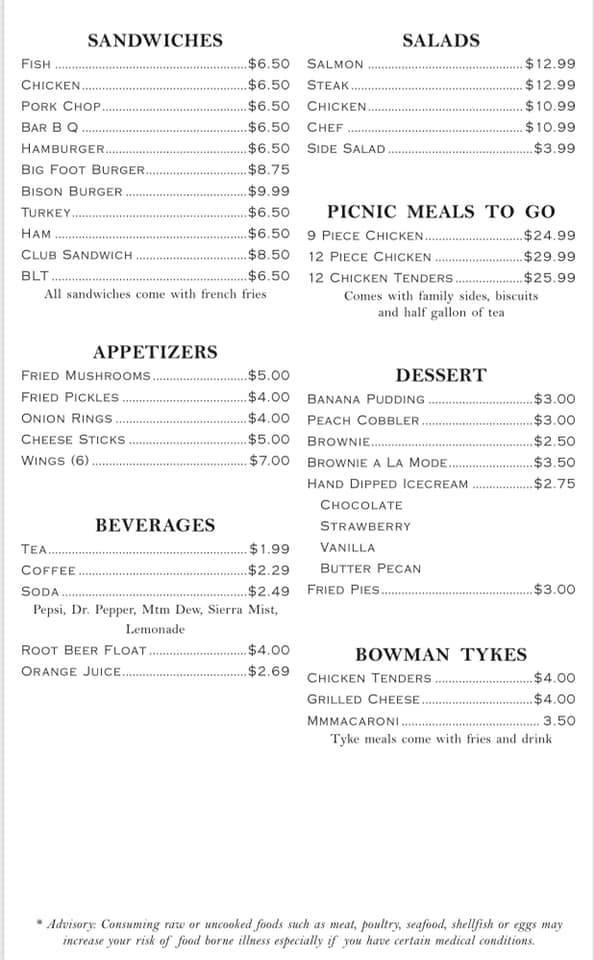 Menu at The Bowman House southern kitchen restaurant, Bowman