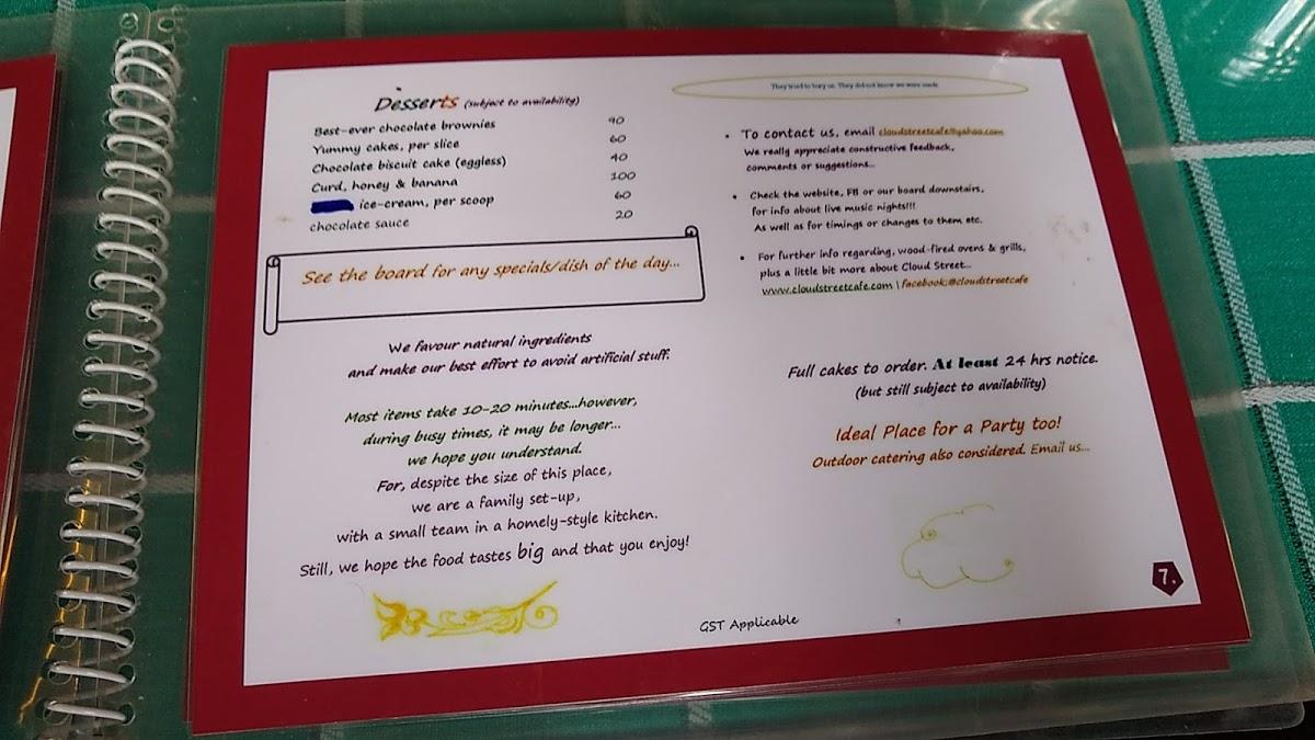 Menu at Cloud Cafe, Kodaikanal