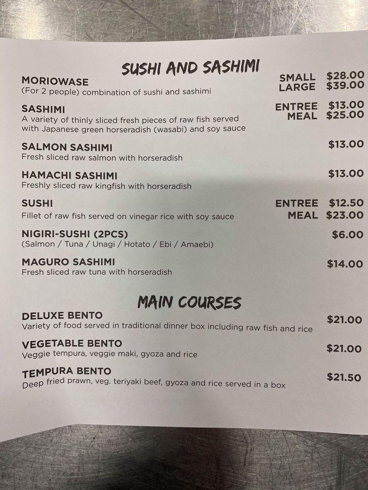 Menu at Japan Inn restaurant, Beaumaris