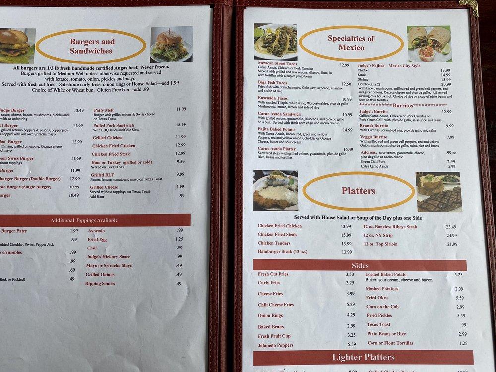 Menu at Judge's Char-Grill restaurant, Woodland Park