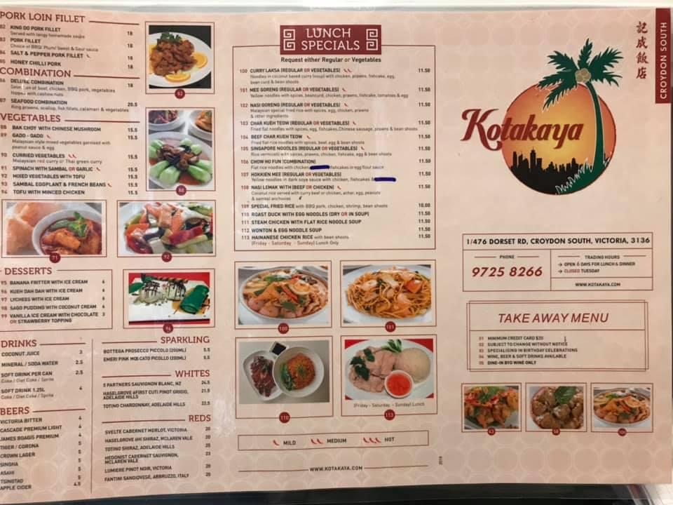Menu at Kotakaya restaurant, Croydon South