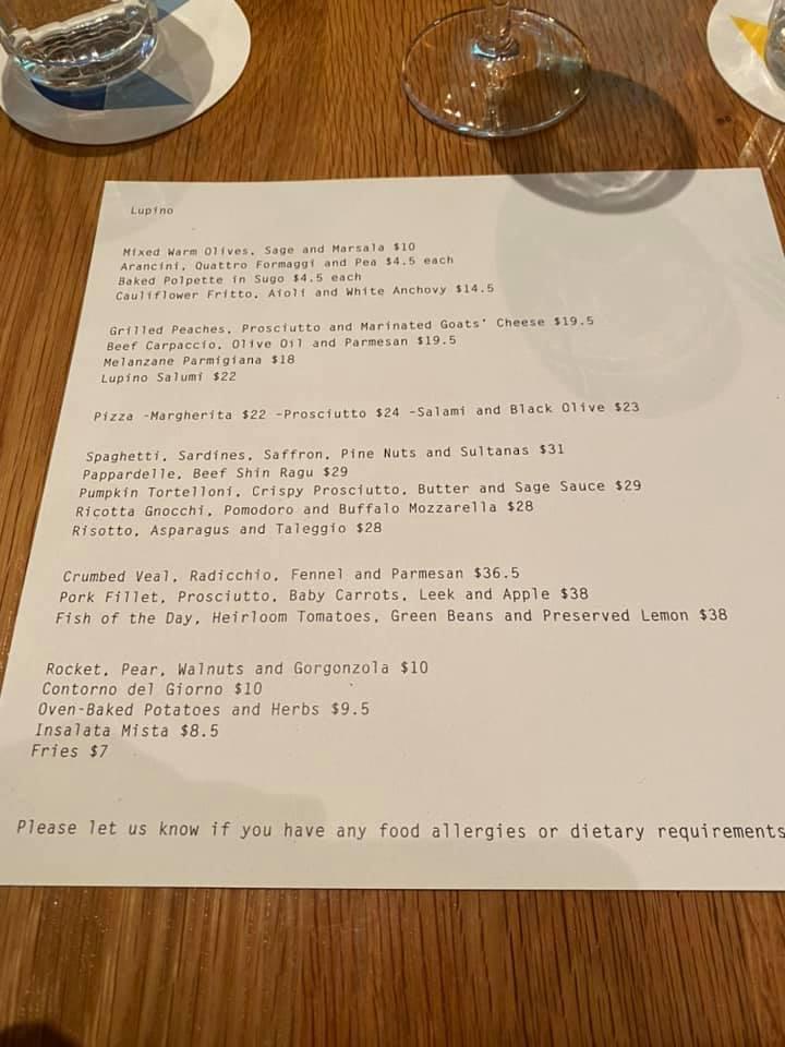 Menu at Lupino restaurant, Melbourne