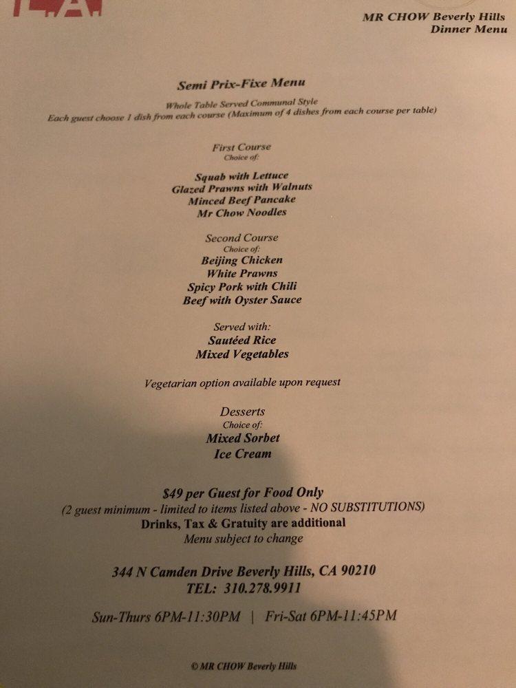 Menu at Mr Chow restaurant, Beverly Hills