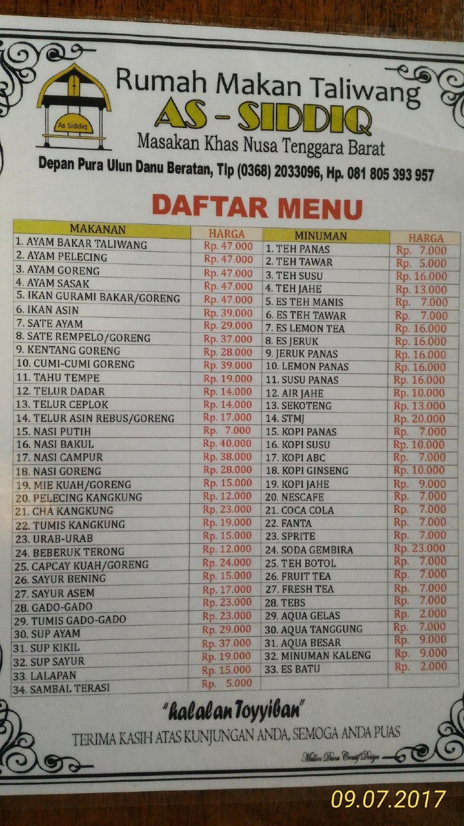 Menu at Rumah Makan Taliwang As Siddiq restaurant, Candikuning