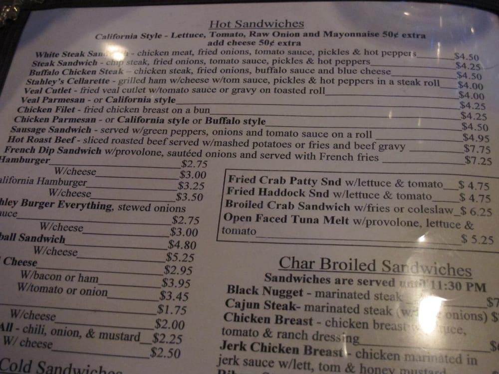 Menu at Stahley's Cellarette pub & bar, Allentown