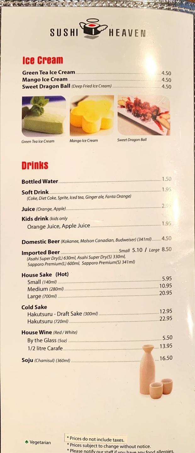 Menu at Sushi Heaven in New Westminster restaurant, New Westminster ...