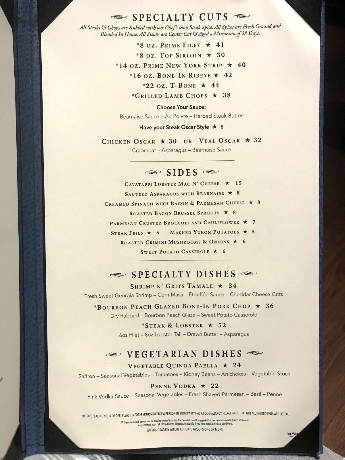 Menu at The Reserve restaurant, Jekyll Island