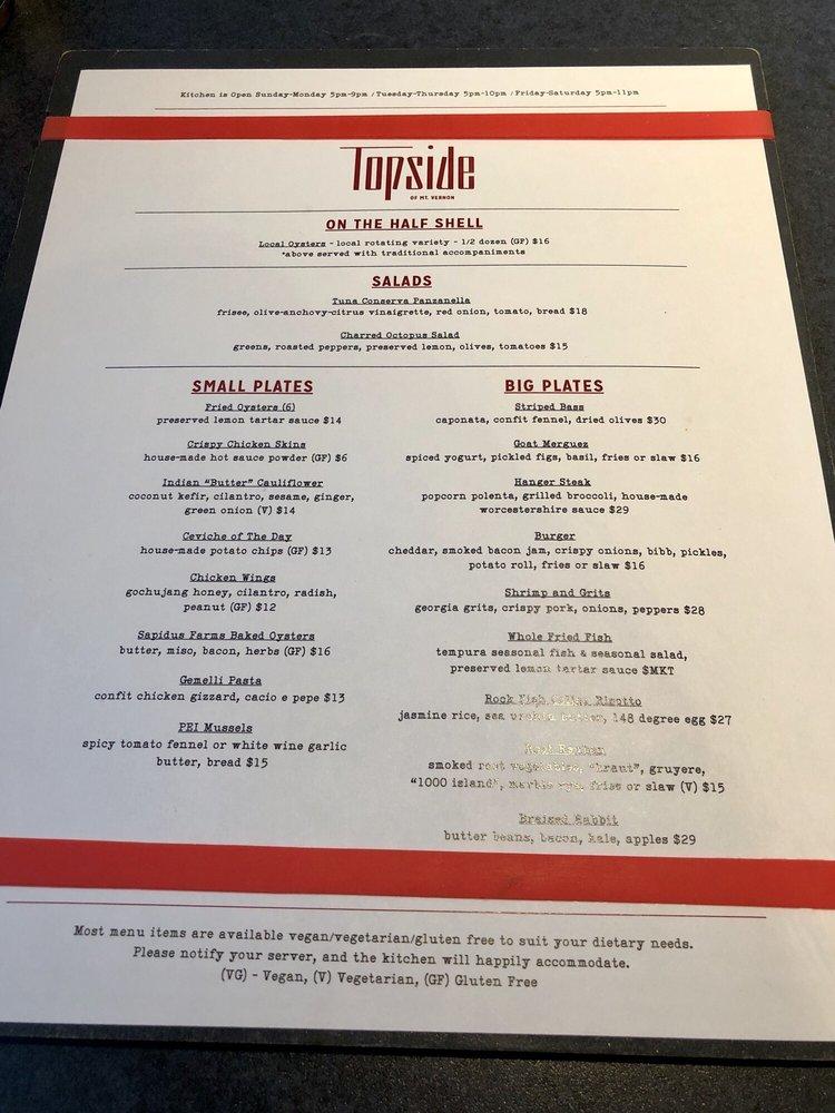 Menu at Topside restaurant, Baltimore, 101 W Monument St