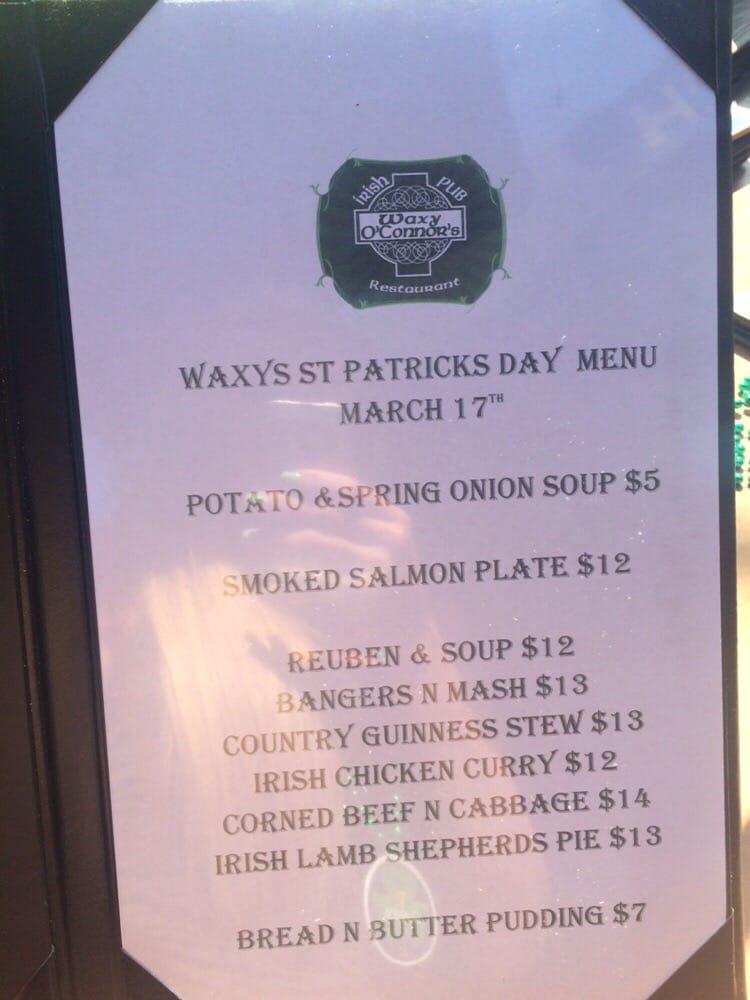 Menu at Waxy's Irish Pub, Fort Lauderdale