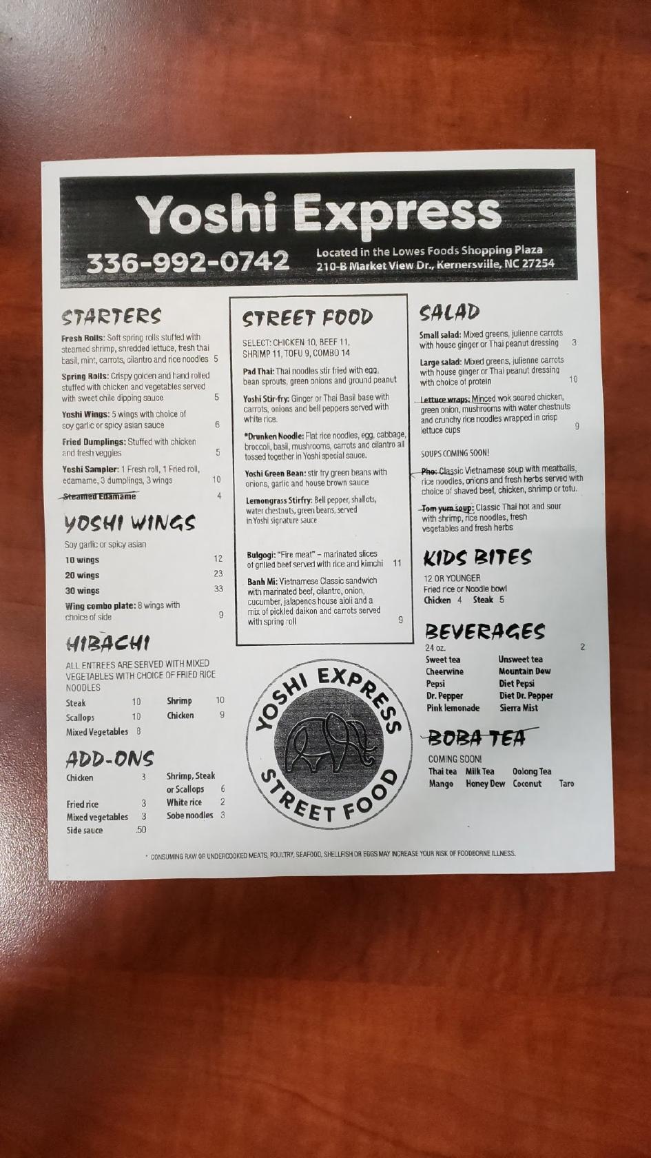 Menu at Yoshi Express restaurant, Kernersville